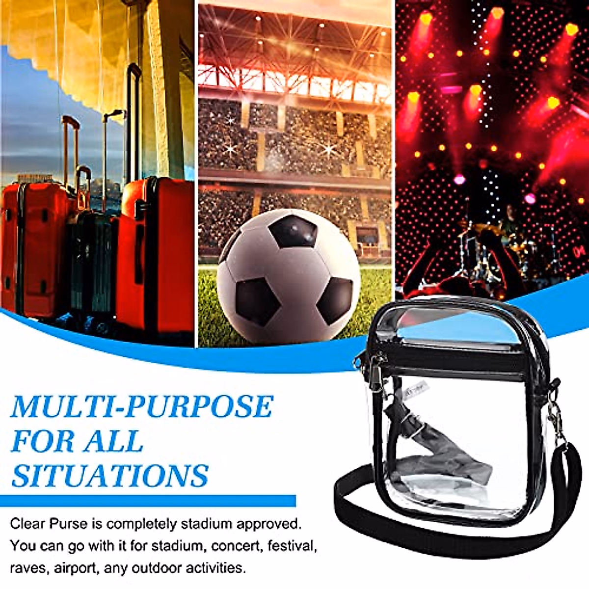 2 Pcs Clear Crossbody Purse Bag Stadium Approved Bag Transparent Shoulder Bag for Sports Games Concerts and Festivals (Black)