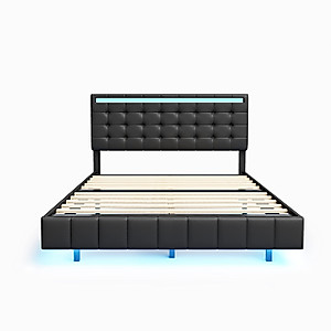 VilroCaz Queen Size Upholstered Platform Bed with LED Lights and USB Charging, Floating Bed Frame Mattress Foundation with Sturdy Slatted Support, No-Noise Design (Black-Float)