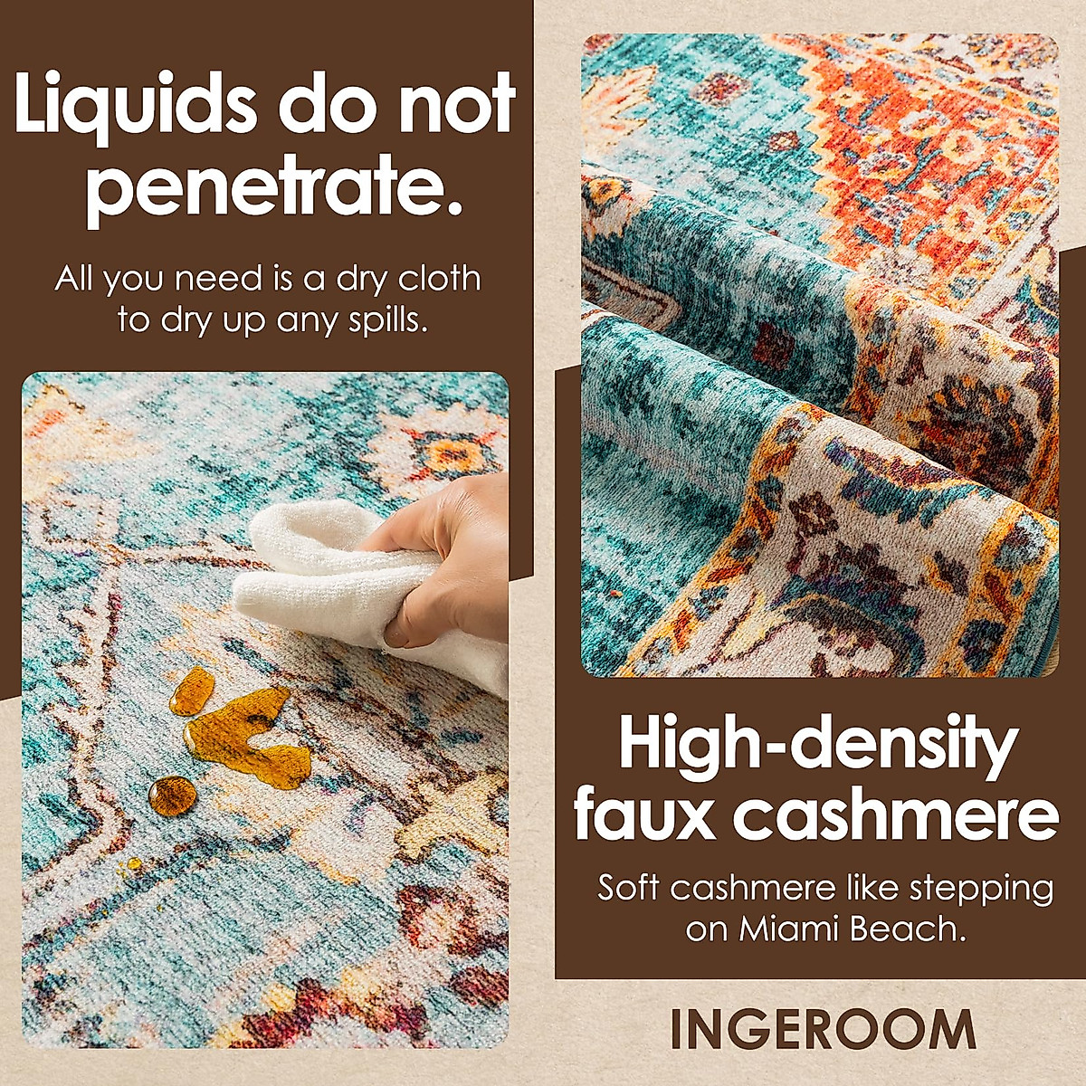 INGEROOM Washable Area Rugs for Living Room Vintage Large Area Rug 5×7 Boho Rug Non-Slip Carpet Machine Washable Area Rugs for Bedroom and Kitchen Made of Faux Wool Ruggable Rugs