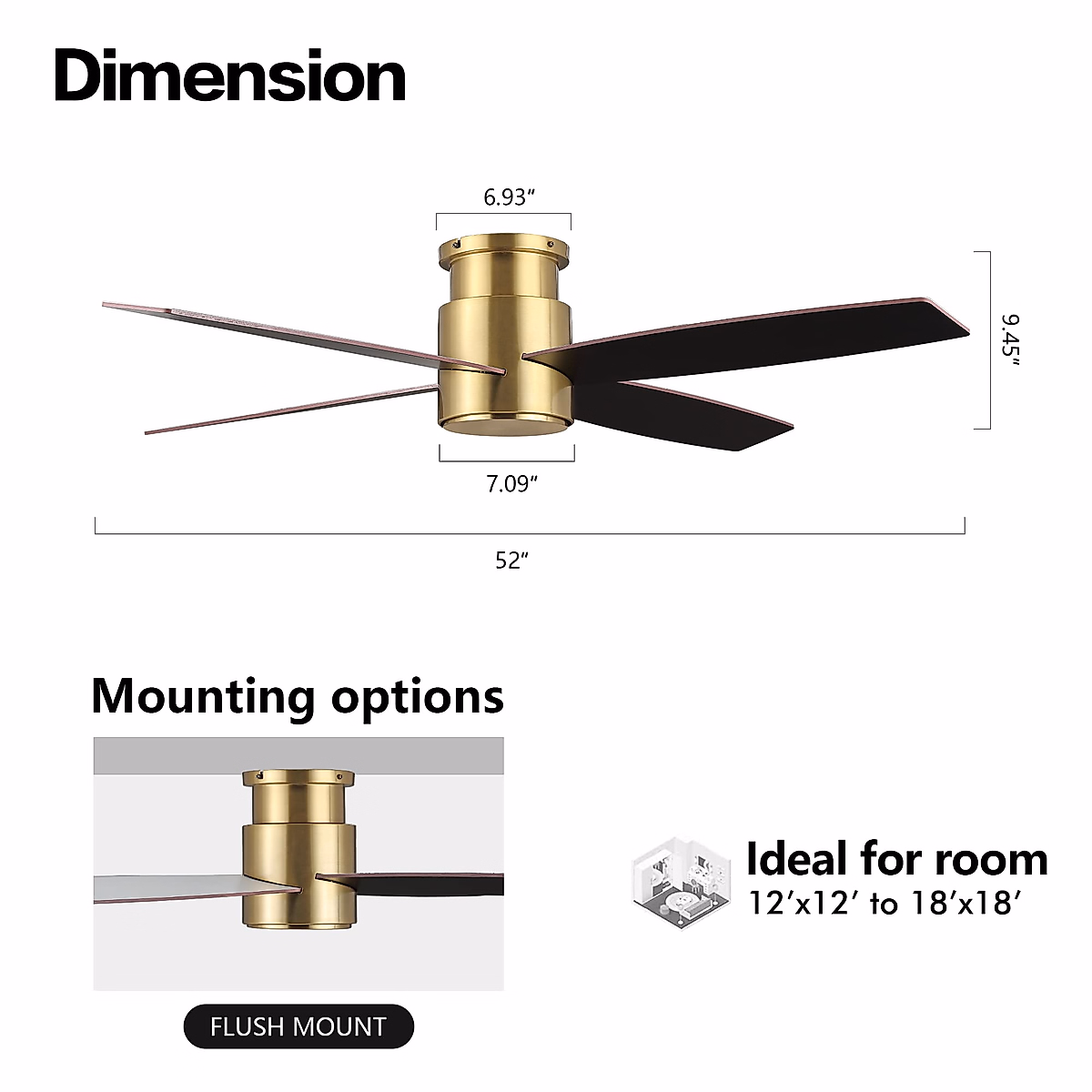 WINGBO 52" Flush Mount DC Ceiling Fan Without Lights, 4 Reversible Blades, Ultra Quiet 6-Speed DC Motor, Hugger Low Profile Indoor Ceiling Fan No Lights, Brass Finish