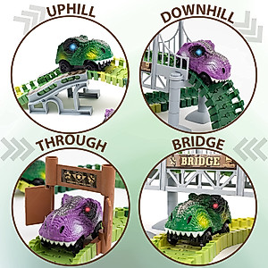 TOYLI Dinosaur Race Track Set 182 Pieces, Dino Track Flexible Dinosaur Road Race Playset with Bridge, Ramps, Dinosaur Track Toy Set is a Great 3 Year Old boy Gift.