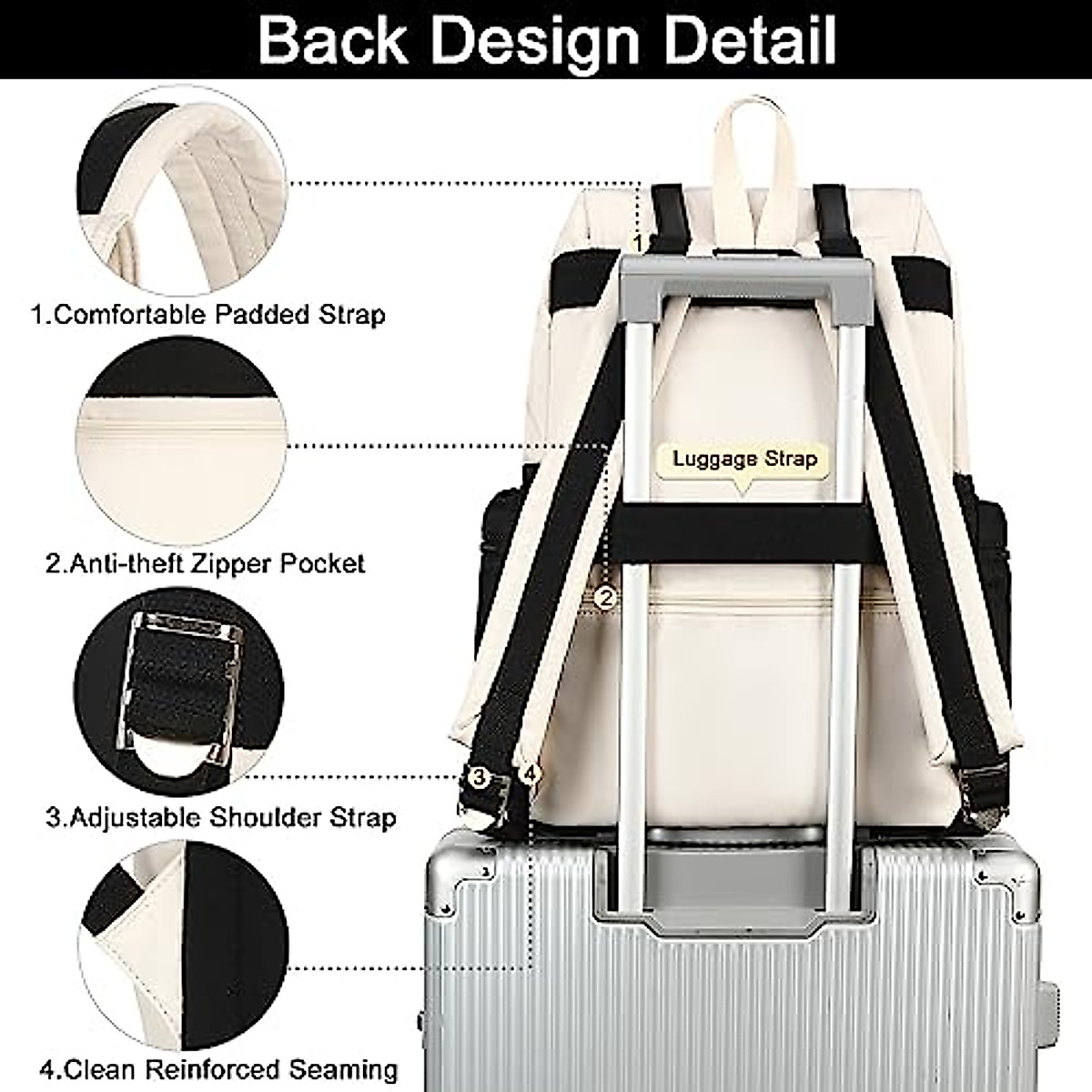 Bluboon Laptop Backpack Women Men 15.6 Inch College Backpack with Charge Port School Bookbag Waterproof Casual Daypack Backpack for Travel Work(Black-Beige)