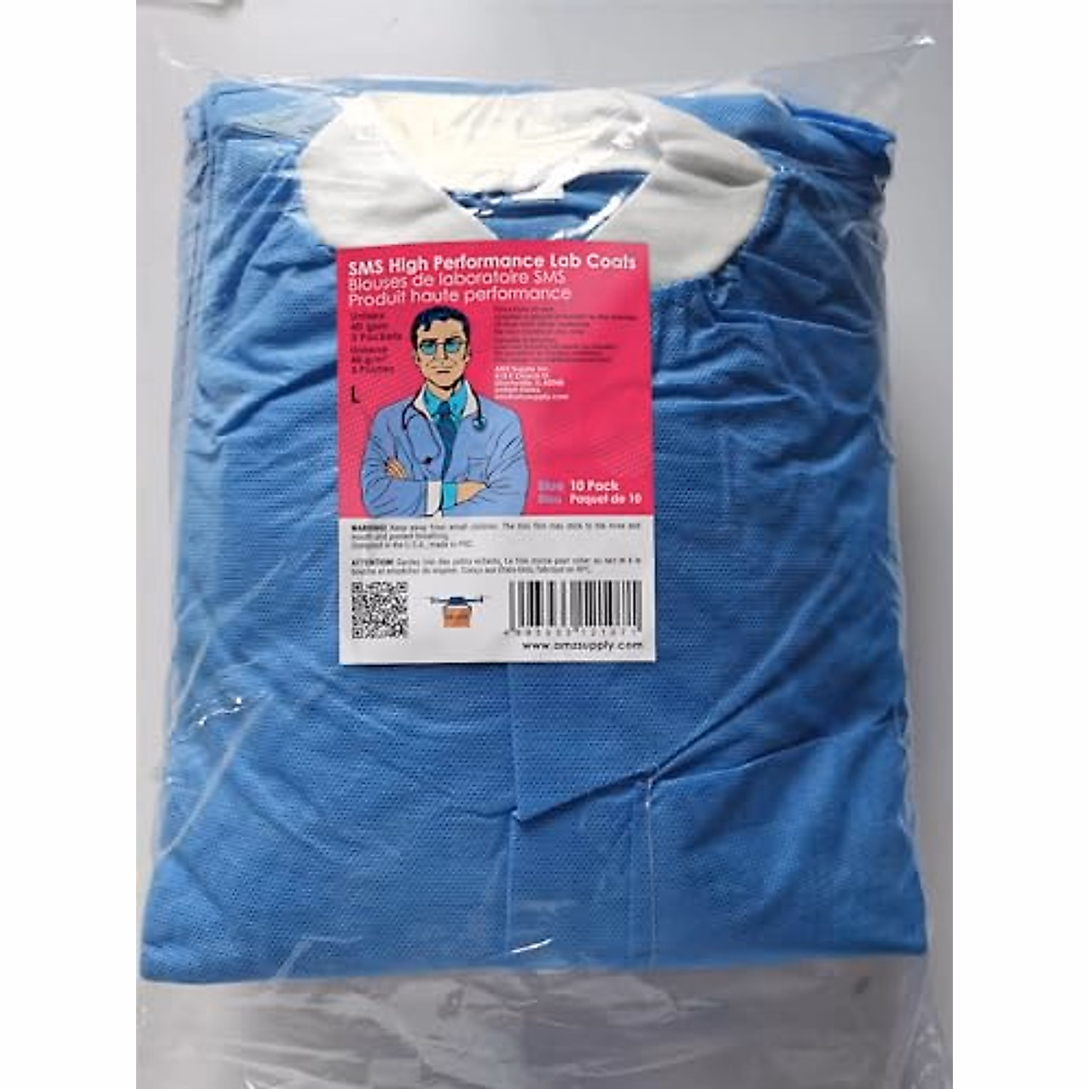 EZGOODZ Blue Disposable Lab Coats for Adults, Large. Pack of 10 SMS Disposable Coats Medical with Snaps, Knit Cuffs, Collar, 3 Pockets. Waterproof and Breathable 40 GSM Painting Lab Coats