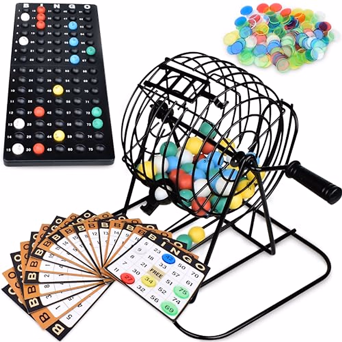 Bingo Game for Adults and Kids– Family Bingo Game Set with Bingo Cards, 150 Bingo Chips and Metal Bingo Cage – Perfect Board Game for Large Groups