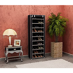 Homebi 10-Tier Shoe Rack 30 Pairs Shoe Tower Closet Shoes Storage Cabinet Portable Boot Organizer with Dustproof Non-Woven Fabric Cover and 10 Durable Shelves (Black) (Black)