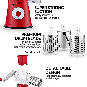 Zulay Kitchen Cheese Grater Hand Crank, Grater For Kitchen With Reinforced Suction - Rotary Cheese Grater With 3 Replaceable Stainless Steel Blades - Easy to Use & Clean - Vegetable Cutter - Red