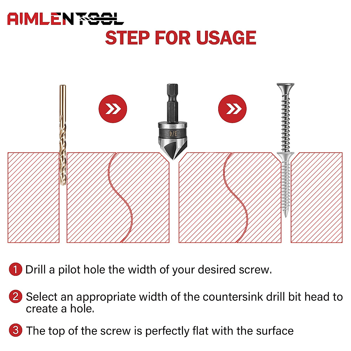 AIMLENTOOL 5 Pcs Countersink Drill Bit Set, 82 Degree 5 Flute High-Speed Steel Countersink Drill Bit with 1/4” Hex Shank, 1/4" to 3/4" Size for Machinable Metals, Wood, Carbon Steel, in Aluminum Case