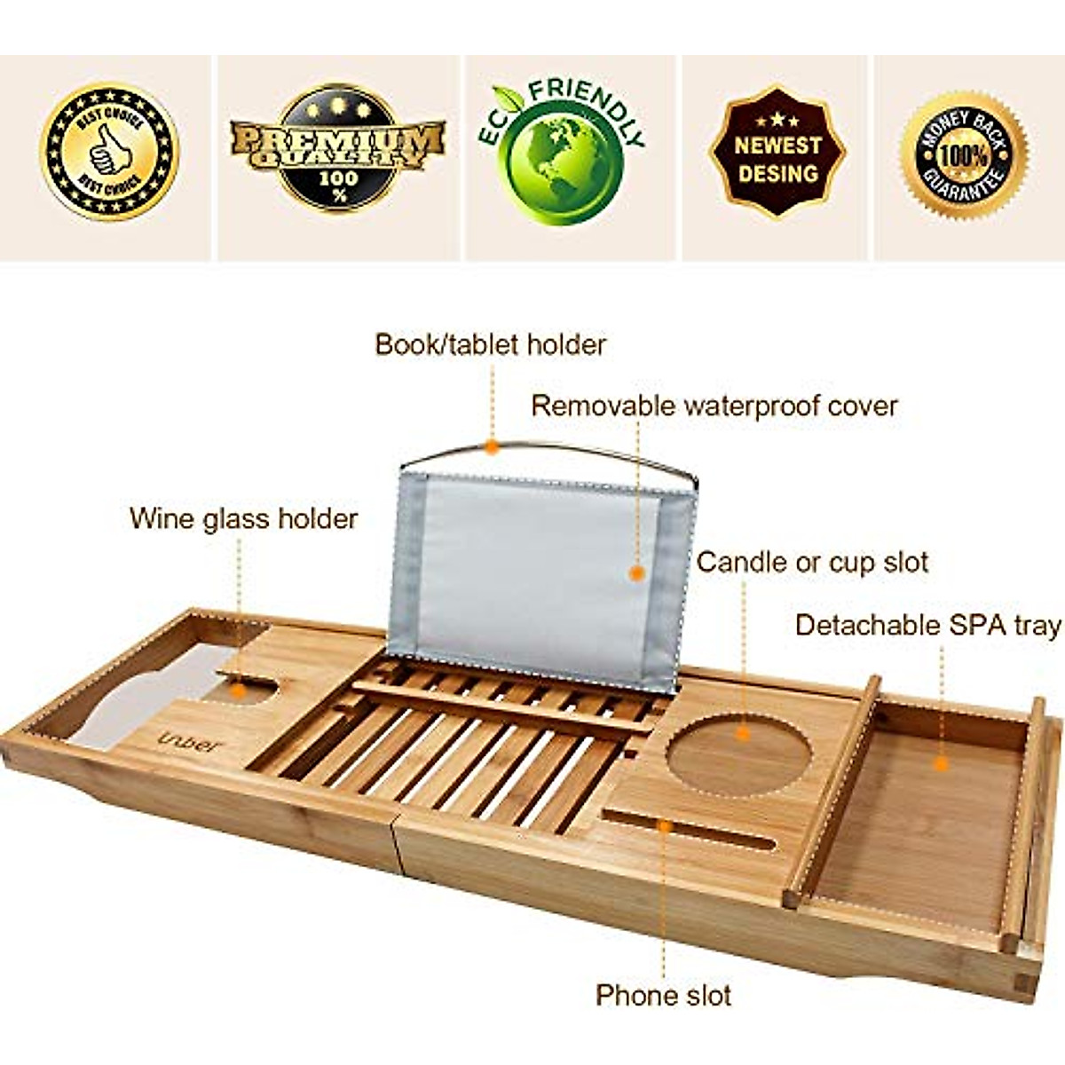 Bamboo Bathtub Caddy Tray, Expandable Bath Tray for Luxury Bath, Wooden Tub Tray with Reading Rack or Tablet Holder, Phone & Wine Glass Holder