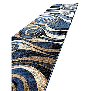 Nikos Modern Wide Runner Area Rug Blue Sculpture Design 258 (32in.X7ft.)