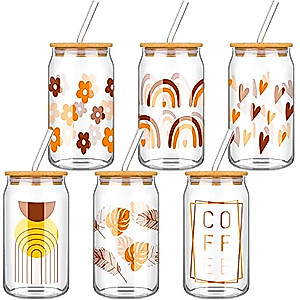 Yoiemivy 6 Pack Glass Cups with Lids and Straws, Iced Coffee Tumbler with Straw Boho Pattern Drinking Glasses16 Oz Beer Can-Shaped Glass for Iced Coffee Cola Soda Tea Juice Water