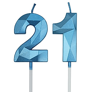 21st & 12th Birthday Candles for Cake, Blue Number 21 12 3D Diamond Shaped Candle Birthday Decorations Party Supplies for Girls, Boys, Women or Men