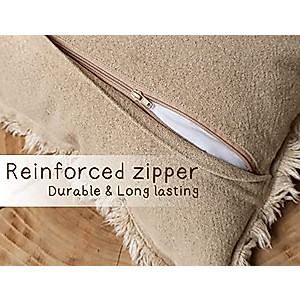 5F Balcony Decorative Boho Linen Throw Pillow Cover with Handmade Fringes - Neutral Beige Pillow Cover 18 × 18, Soft Solid Square Cushion Cover for Couch Bed Patio Outdoor