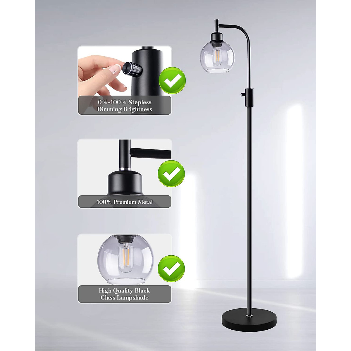 bulbeats 68IN Industrial Floor Lamp, Dimmable (Brightness Adjustable) Standing Tall Lamps for Living Room, Modern Floor Lamp with Grey Glass Shade, Bulb Included, Farmhouse Mid Century Decor