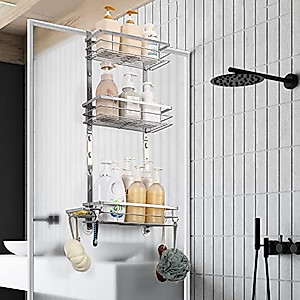 Fogein Over the Door Shower Caddy, Adjustable Hanging Organizer Shelf Rustproof, Shower Basket with Suction Cup, Bathroom Shower Caddy Over The Door with Hook & Soap Box, No Drilling(3 Tier, Silver)