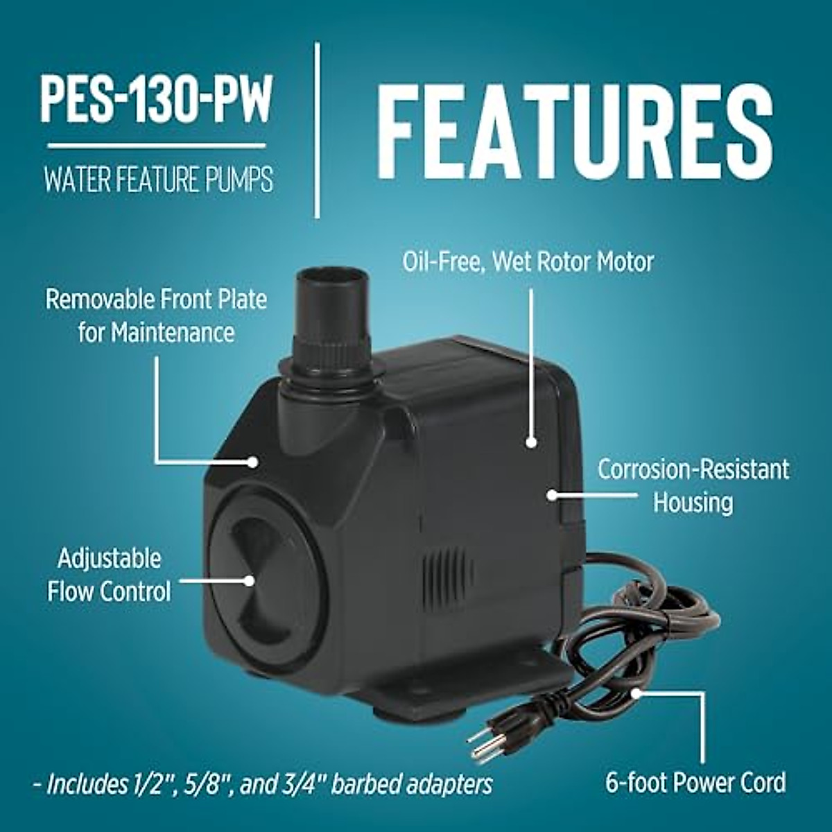 Little Giant PES-130-PW 115-Volt, 130 GPH Magnetic Drive Fountain/Pond Pump with 6-Ft. Cord, Black, 566716