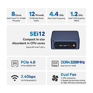 Beelink Intel 12Th Mini PC SEI12| Core i5 Mini Computers i5-12450H Turbo 4.4Ghz 8C/12T Intel Plus Graphics 16GB DDR4&500GB SSD, Dual 4K displays, WiFi 6, Bluetooth 5.2, Low-Power Gaming PC