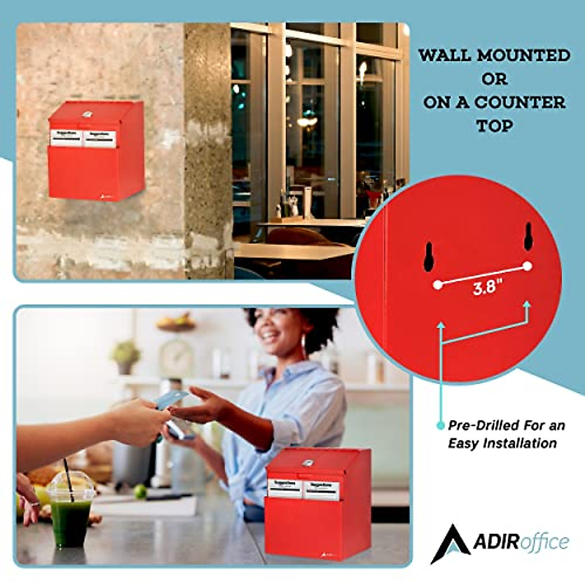 Adir Wall Mountable Steel Suggestion Box with Lock - Donation Box - Collection Box - Ballot Box - Key Drop Box - Safe Storage Box with 25 Suggestion Cards (Red)