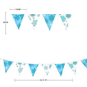 32Ft Blue and White Snowflakes Banner Triangle Flag Pennant Bunting Fabric Garland Streamers for Winter Wonderland Christmas Frozen Birthday X-mas New Years Party Festivals Hanging Decorations