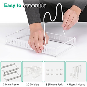 Puricon Expandable Pot and Pan Organizer for Cabinet with 10 Dividers, Adjustable Pots and Pans Organizer Rack Pan Lid Cookware Bakeware Baking Storage Holder for Kitchen Countertop Pantry -White