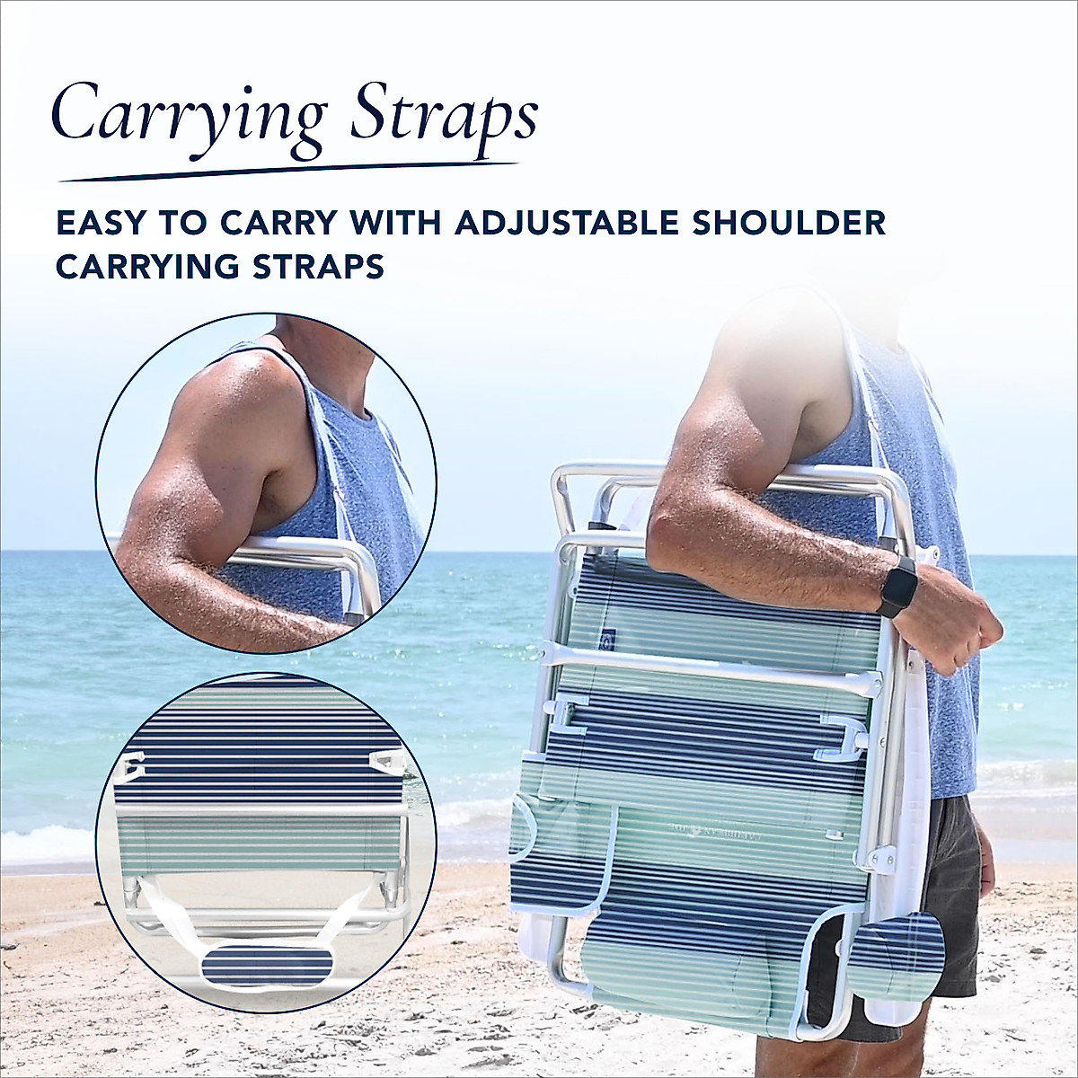 Caribbean Joe Folding Beach Chair, 5 Position Lightweight, Portable Reclining Outdoor Camping Chair with Headrest, Shoulder Strap, and Cup Holder, Horizon Stripe