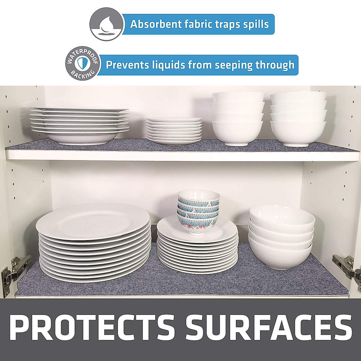 Drymate Premium Luxury Shelf & Drawer Liner, Thick Cushioned Fabric, Non-Adhesive, Absorbent, Waterproof, Slip-Resistant, Liners for Kitchen Cabinets, Cupboards (USA Made)(12”x59”)(2-Pack)(Light Grey)