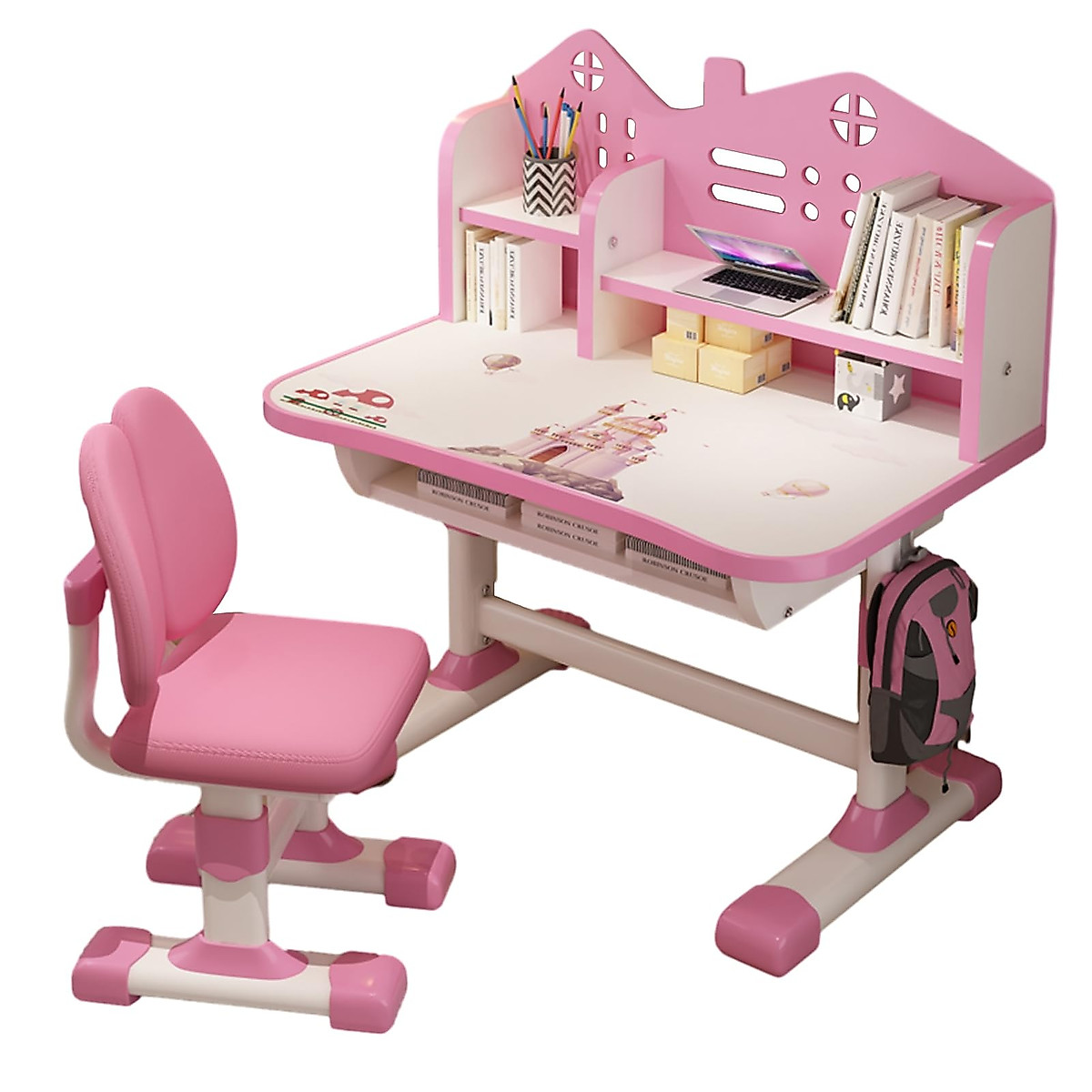 Ehozirta 2Pcs/Set Kids Table and Chairs,Multi Bookstand Widened Desktop Desk and Chair Set, Girls Desk, Cartoon Pattern Kids Adjustable Height Study Drawer Table with Chair Set Pink