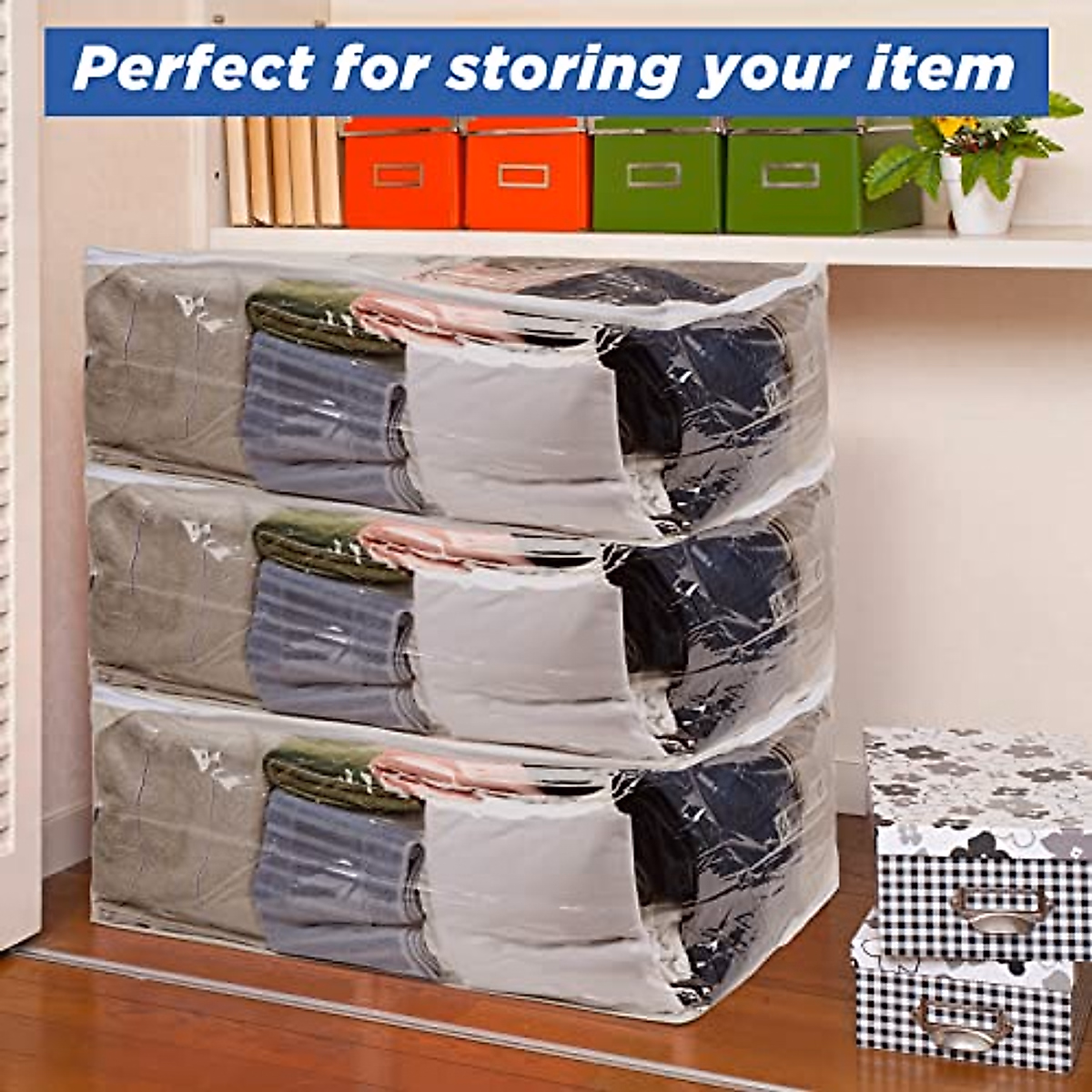 15 Pcs Clear Zippered Organizers Foldable Sweater Storage Closet Organizer Collapsible Cube Storage Organizer Plastic Storage Bags Bins Containers with Zipper and Handle for Closet (25 x 21 x 11 Inch)