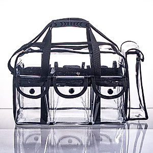 Wide Open Large Professional Clear PVC Travel Makeup Artist Set Bag Cosmetic Nails Beauty Bag Transparent Vinyl Tool Organizer Work Bag Beach Bag Diaper Bag with 6 External Pockets & Strap (Black)