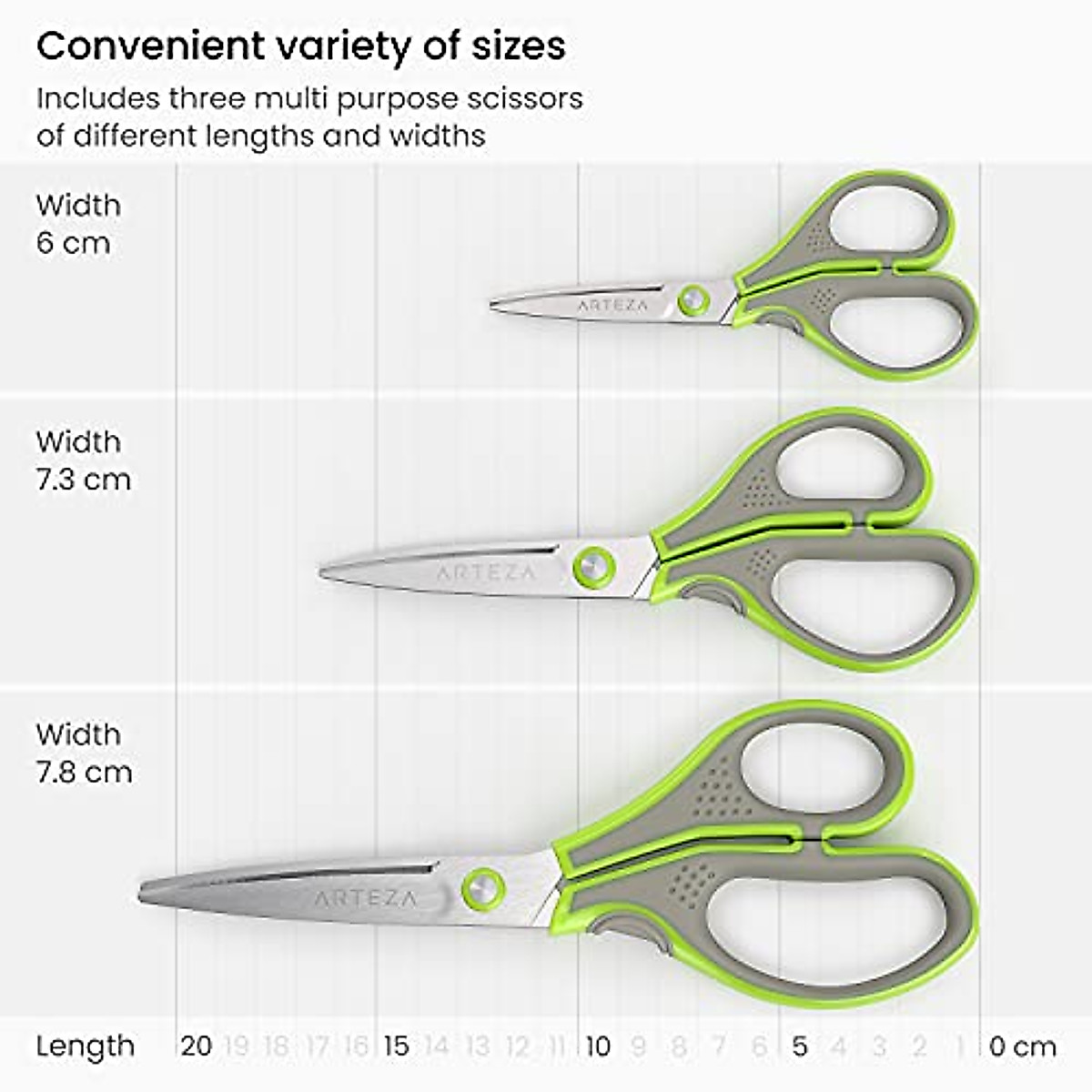 Arteza Household Scissors, Set of 3 â€“ 5, 7, and 8.25 Inches, All-Purpose Scissors with 3D Blades of Stainless Steel, Home Supplies for Crafting, Cooking, and School Projects