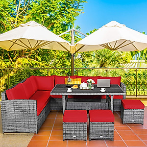 Tangkula 7 Pieces Patio Furniture Set, Outdoor Sectional Rattan Sofa Set with Cushions, All Weather Wicker Conversation Couch Set w/Dining Table & Ottomans for Backyard Garden Poolside
