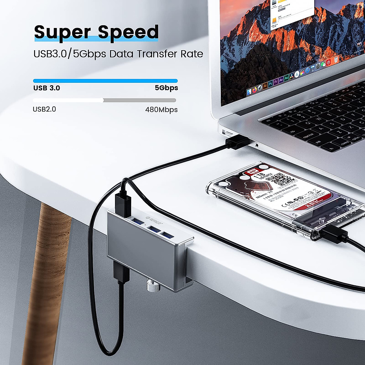 ORICO USB 3.0 Hub, USB Hub Clamp, Aluminum 4-Port USB Splitter with Extra Power Supply Port and 4.92 FT USB A to USB A and USB A to USB C Cable, Desktop Powered USB Hub for Monitors/Desks-Silver