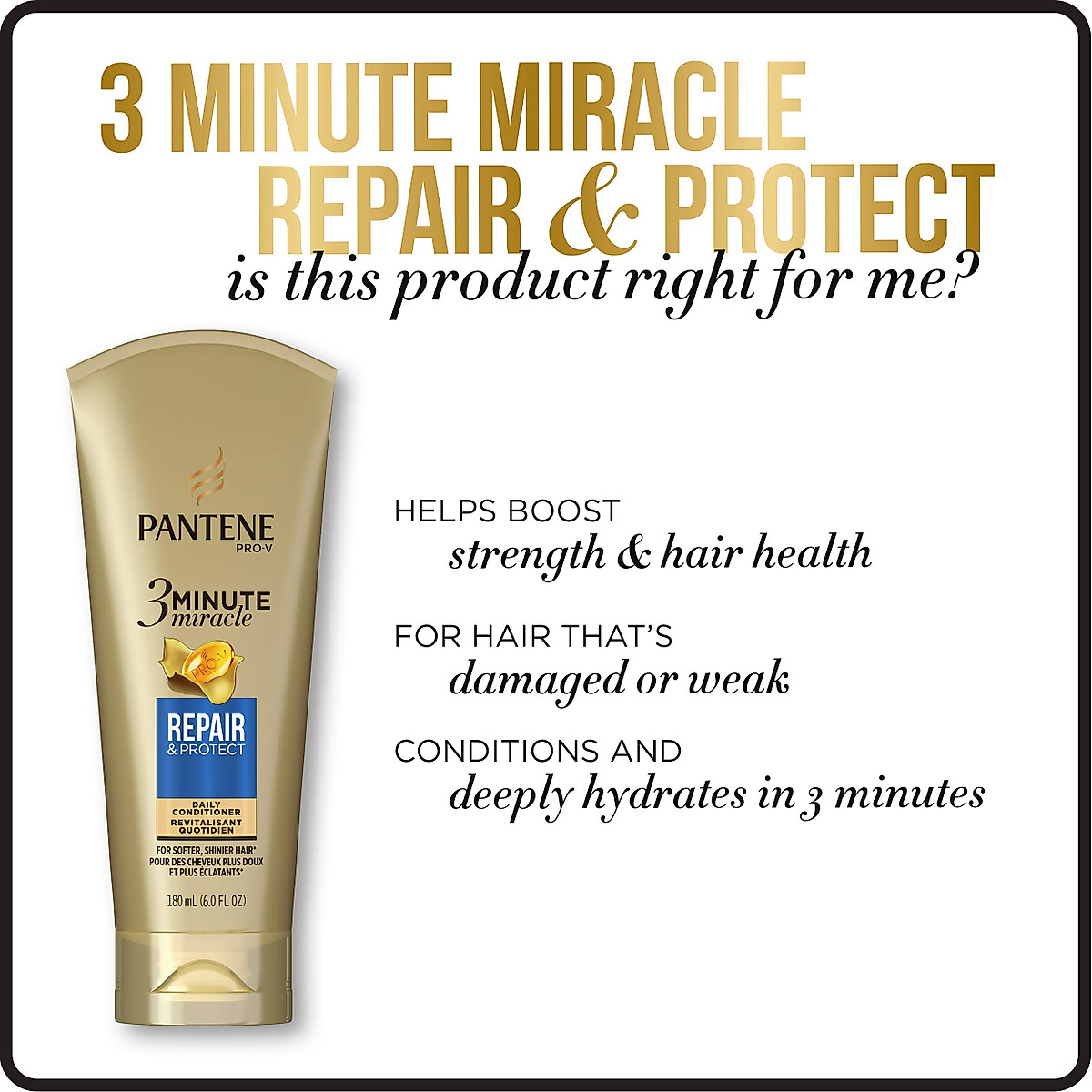 Pantene, Conditioner, Pro-V Repair and Protect for Damaged Hair, 3 Minute Miracle, 6 fl oz, Triple Pack