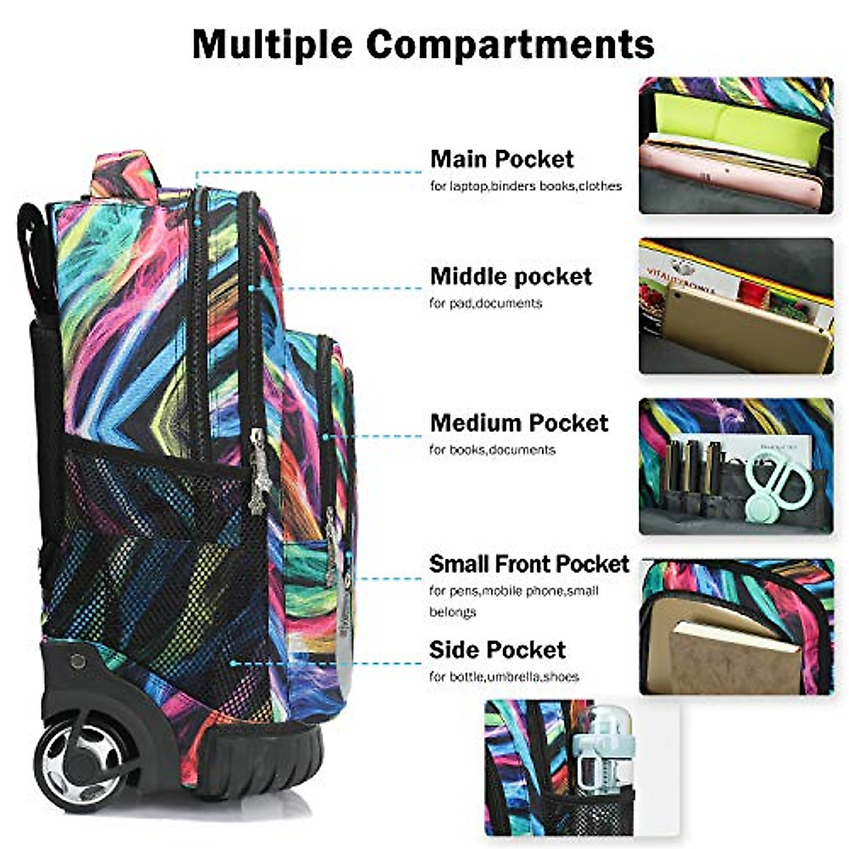 Tilami Rolling Backpack 19 inch Wheeled LAPTOP Boys Girls Travel School Student Trip, colours