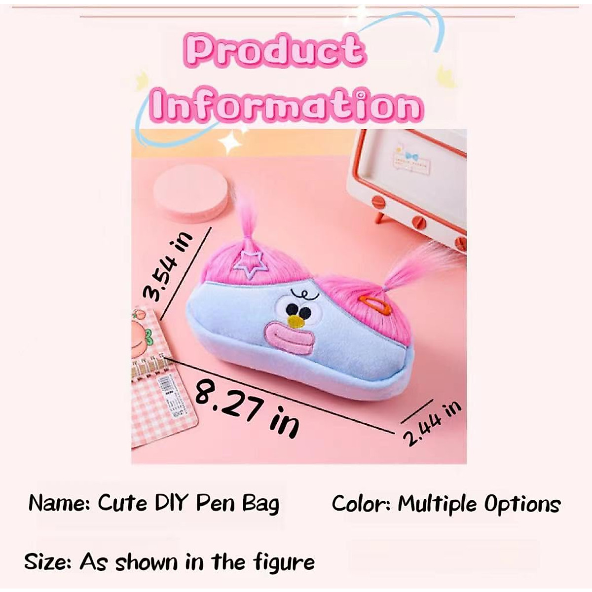 XZR Cute DIY Pen Bag Case Box Stocking Stuffers Cute Creative Long Hair Doll Colorful Cartoon Large Capacity Zipper Organizer Storage Bag Box Nice Gift (Blue)