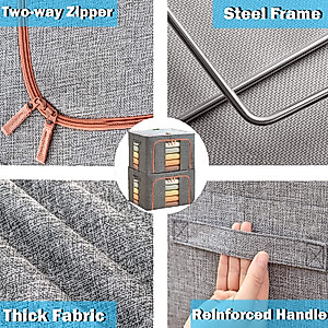 Large Storage Bags,Stackable Clothes Storage Bins with Hold Shape Metal Frame,Foldable Closet Organizer Containers with Zipper,Clear Window,Thick Fabric for Seasonal Clothing,Bedding (4 Pack, 66L)