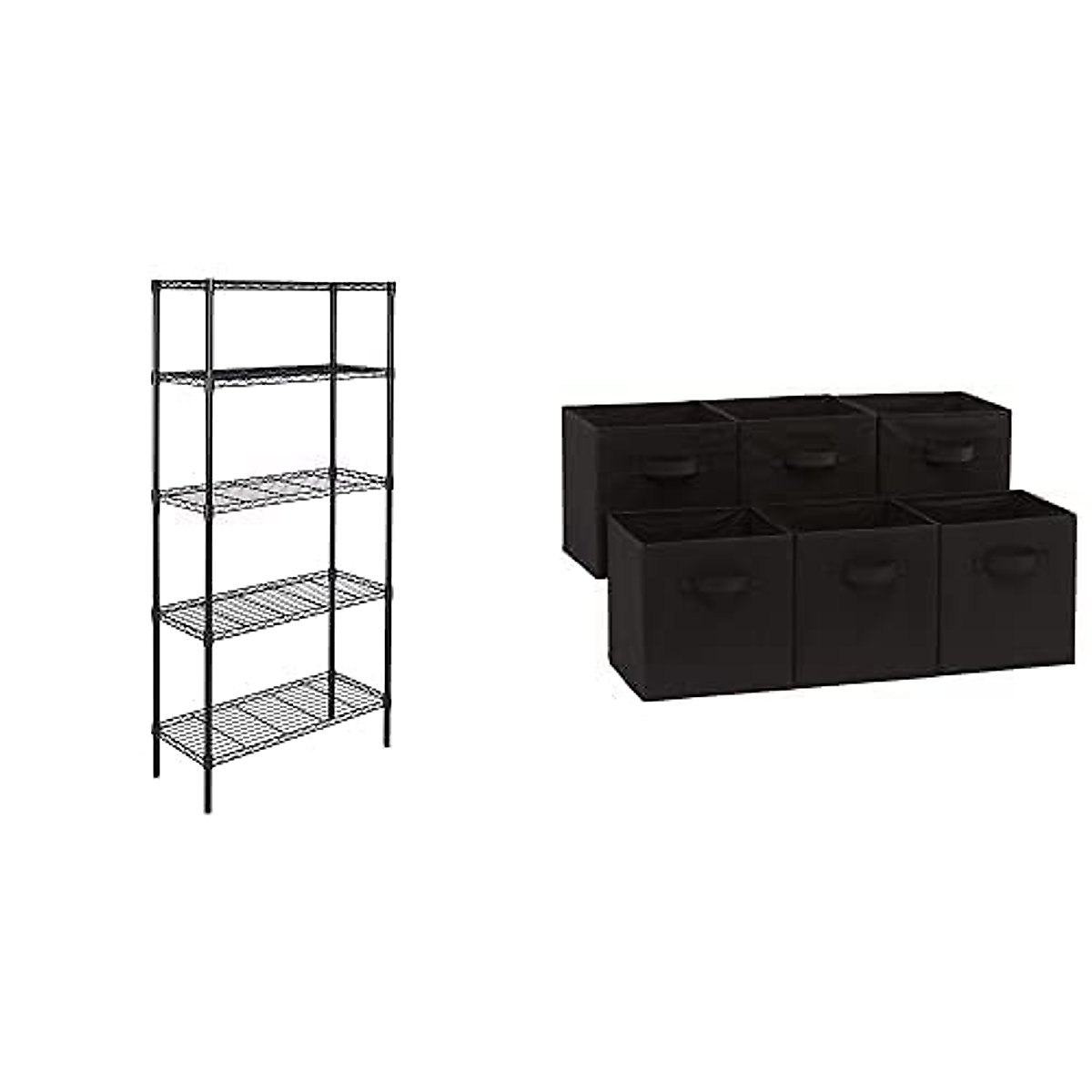 Amazon Basics 5-Shelf Storage Unit with Height Adjustable Shelves and Foldable Storage Cubes (6 Pack), Black