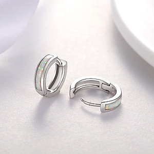 White Gold Plated Fire Opal Bezel Setting Birthstone Hoop Earrings