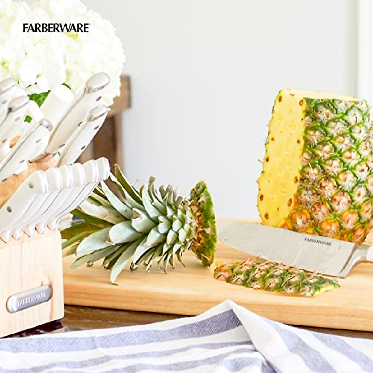 Farberware 15-Piece Forged Triple Rivet Knife Block Set, Razor-Sharp Kitchen Knife Set with Wood Block, High-Carbon Stainless Steel, White