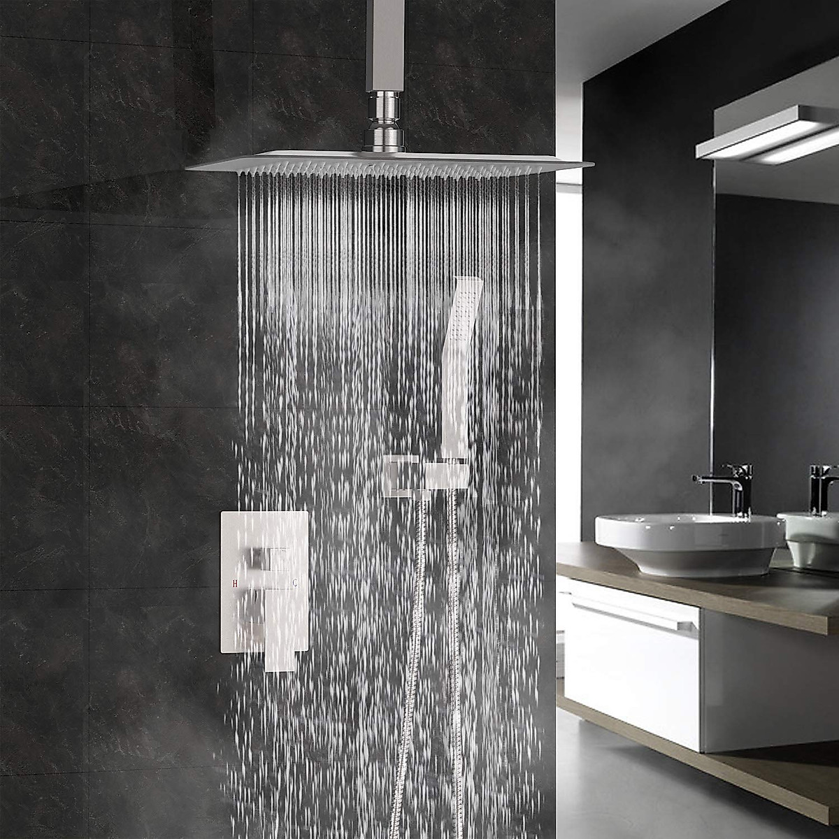 SunCleanse Rainfall Shower System Brushed Nickel Ceiling Mounted Shower System Combo Set with High Pressure 12 Inches Square Rain Shower Head Handheld and Shower Faucet Rough-in Mixer Valve and Trim