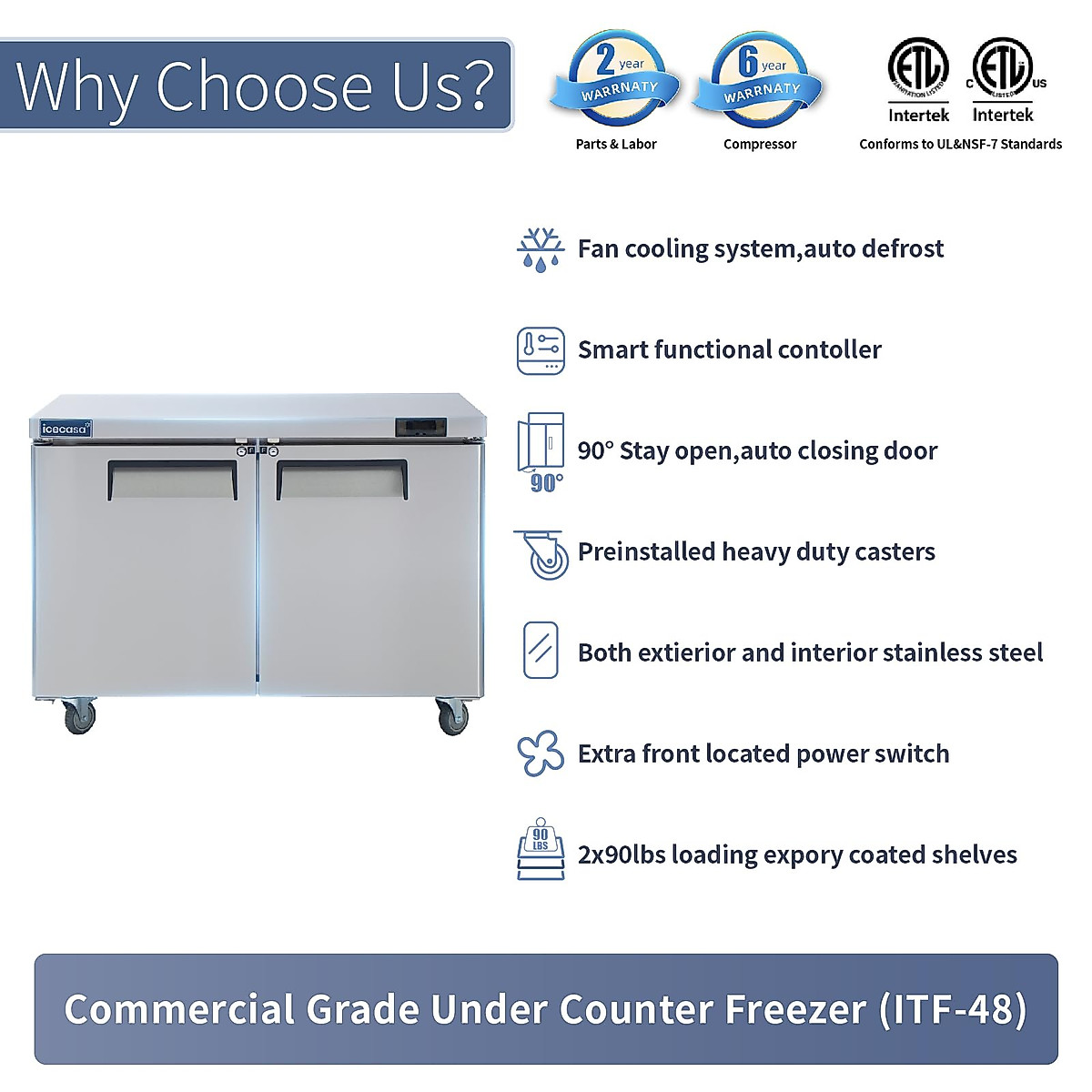 ICECASA 48" W Commercial Freezer Worktop Undercounter Freezer Single Door Stainless Steel Counter Fan Cooling Freezer 13 Cu.ft for Restaurant, Bar, Shop, etc