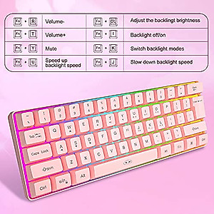 MageGee TS92 Wireless 60% Gaming Keyboard, Compact 61 Keys Rechargeable RGB Backlit Office Keyboard, 2.4G Wireless Connection, Pink Waterproof Portable Computer Keyboard for Mac Windows Laptop