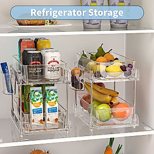 2 Tier Clear Organizer with Dividers, Pantry Organization and Storage Multi Purpose Slide-Out Bathroom Organizer, Kitchen Pantry Medicine Cabniet Bins, Under Sink Organizers and Storage, 2 Pack