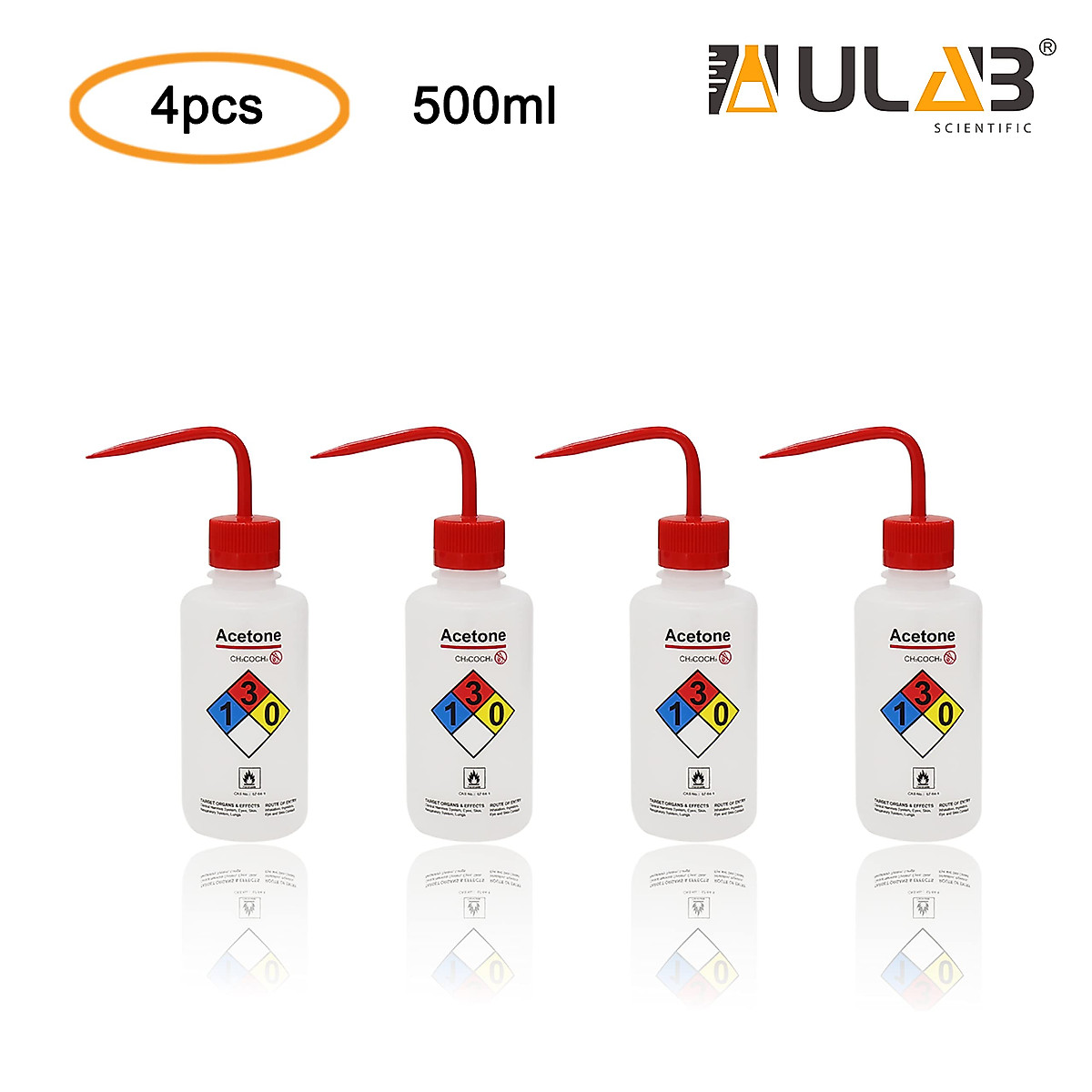 ULAB Safety Wash Bottles, 4pcs of Acetone Wide-Mouth Wash Bottles, LDPE Material, Vol.500ml, UWB1022