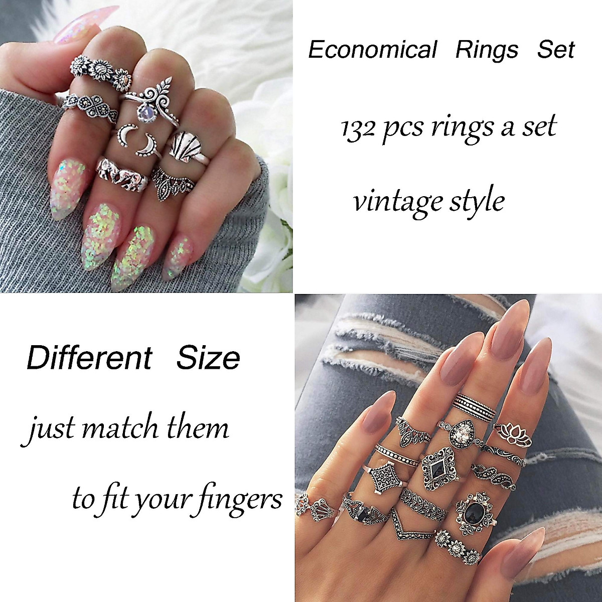 LOYALLOOK 132PCS Bohemia Knuckle Ring Set Women Hollow Silver Fashion Finger Rings Vintage Stackable Knuckle Midi Rings Set, Boho