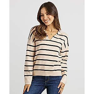 CFLONGE Women's Fall Winter Casual Breton Striped Long Sleeve Polo V Neck Pullover Sweater Loose Fit Drop Shoulder Knitted Shirts Tops(Small,Apricot)