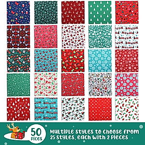 Preboun 50 Pcs 8 x 8 Inches/ 20 x 20 cm Christmas Fabric Squares Christmas Fabric 25 Different Patterns Fabric Scraps Quilting Craft Fabric Patchwork Fabric Bundles for Sewing Crafting DIY Supplies