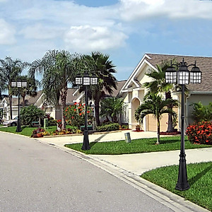 3-Head Outdoor Lamp Post Light Fixture, Dusk to Dawn Aluminum Post Lights Hard Wired, Sensor Pole Lights for Yard, Street Light Posts for outside with Water Ripple Glass Shade, E26 Base