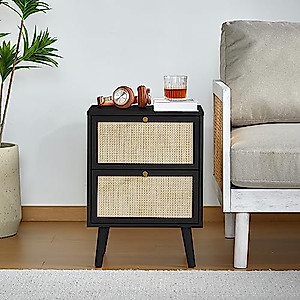 weselon Rattan Nightstand Set of 2, Wood End Tables with Drawers, Bedroom Bedside Table Storage Side Table for Bedroom Living Room (2, Black)