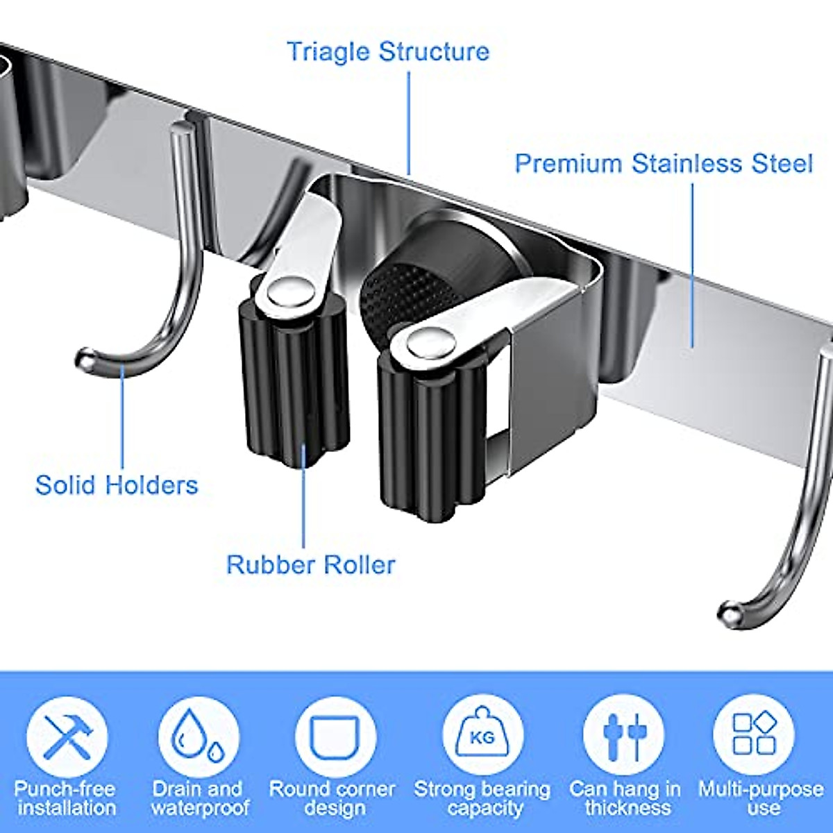 Bugu Bird Broom organizer wall mount，2pcs Mop and Broom Holder Wall Mount ,broom hanger ,Stainless Steel Heavy Duty Hooks Self Adhesive Hanger for Home Goods（ Grey