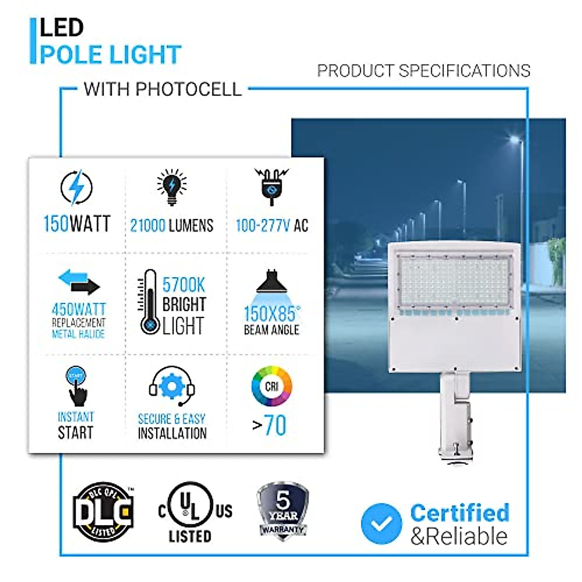 LEDMyplace 150W LED Pole Light with Photocell 5700K Universal Mount White AC120-277V Commercial Parking Lot Lights